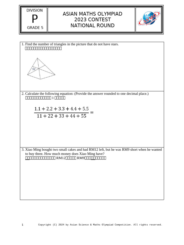 2023 Asmo Grade 5 Maths National Round Question | PDF | Mathematics