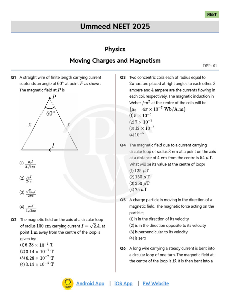 Moving Charges and Magnetism - DPP 01 - Ummeed NEET 2025 | PDF ...