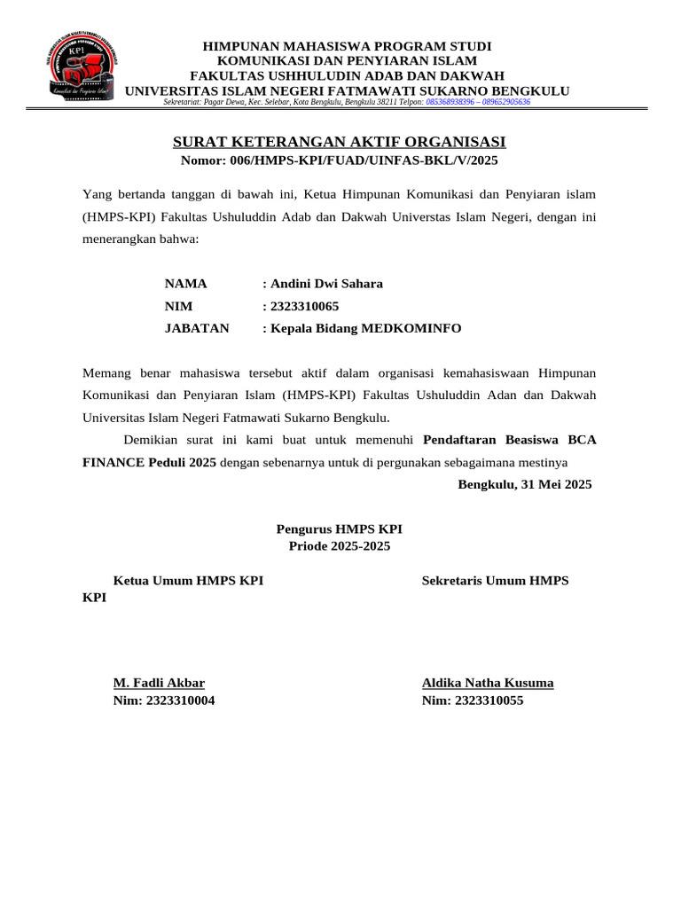 Surat Keterangan Aktif Organisasi | PDF