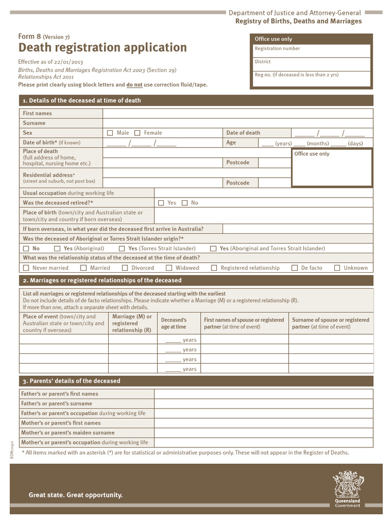 1 death-registration-application QLD | PDF | Cremation | Burial