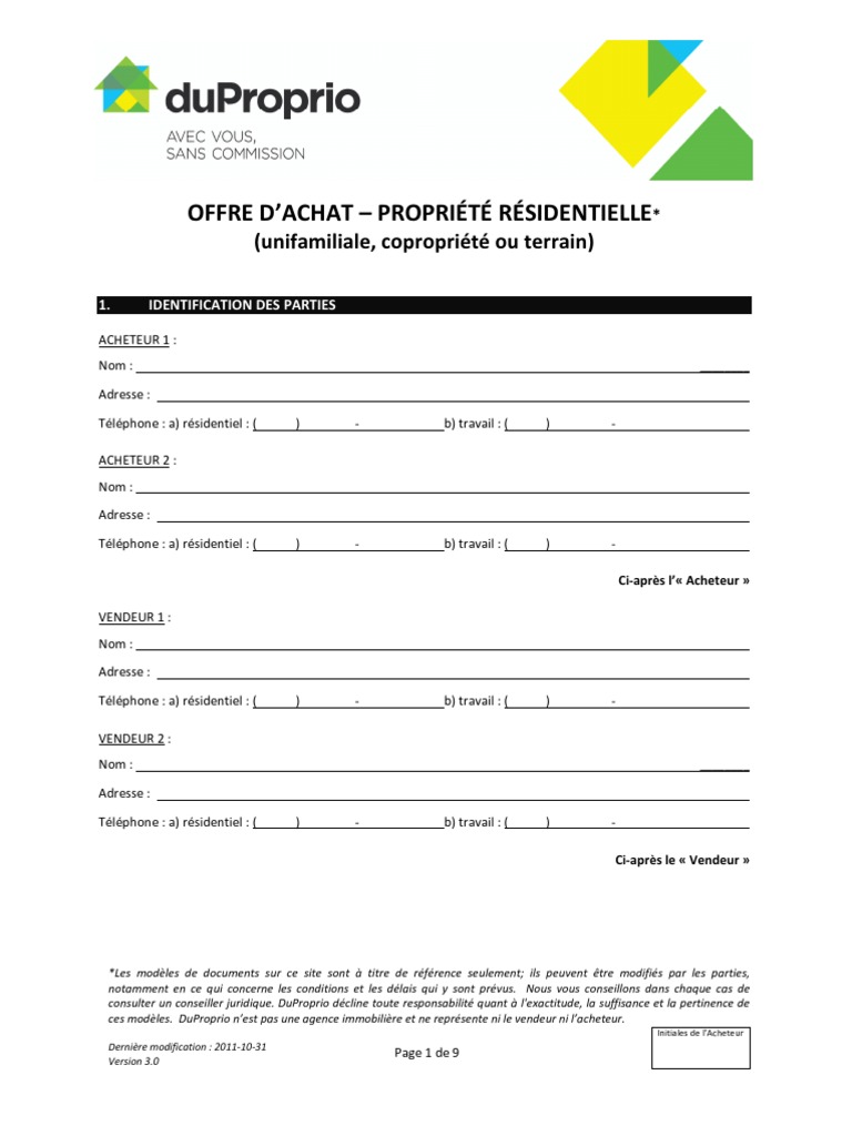 Offre D Achat Residentiel Pdf Hypothèque Condominium