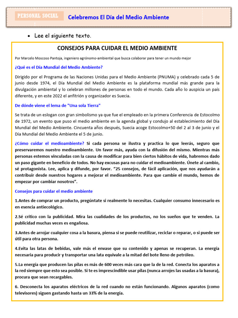 FICHA PS. Celebremos El Día Del Medio Ambiente | PDF | Residuos ...