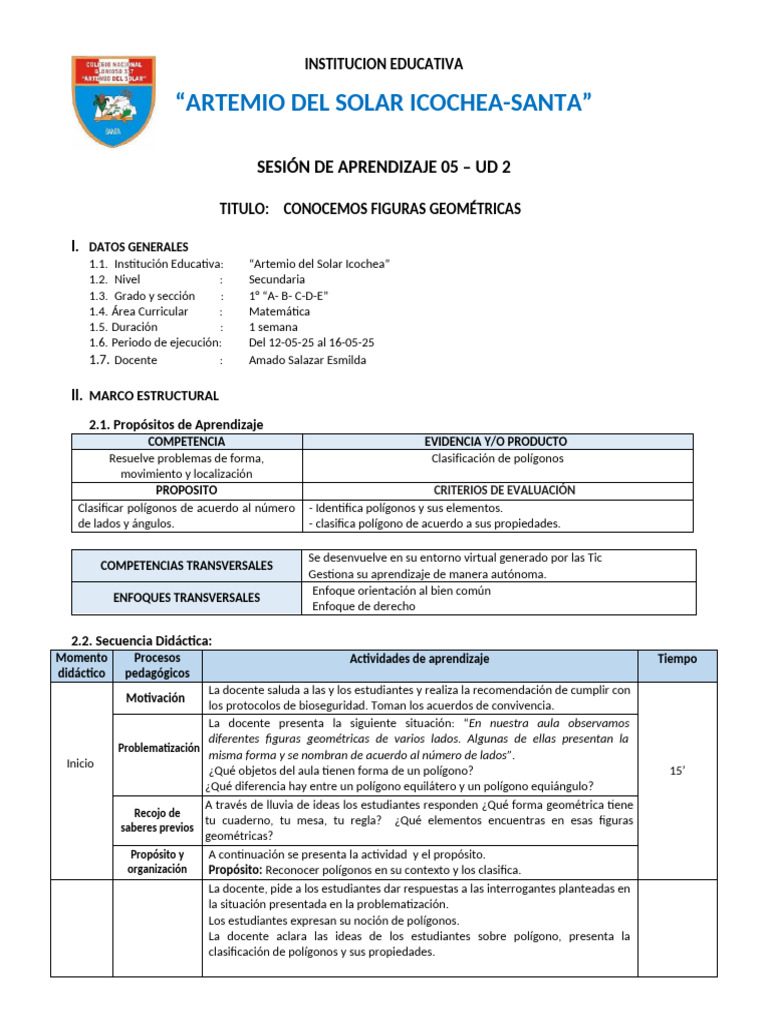 Sesión 05 Unidad 02 Primero Esmilda 2025 | PDF | Maestros | Plan de estudios