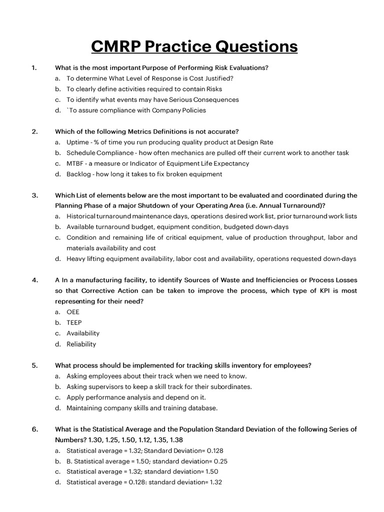 CMRP Practice Questions | PDF