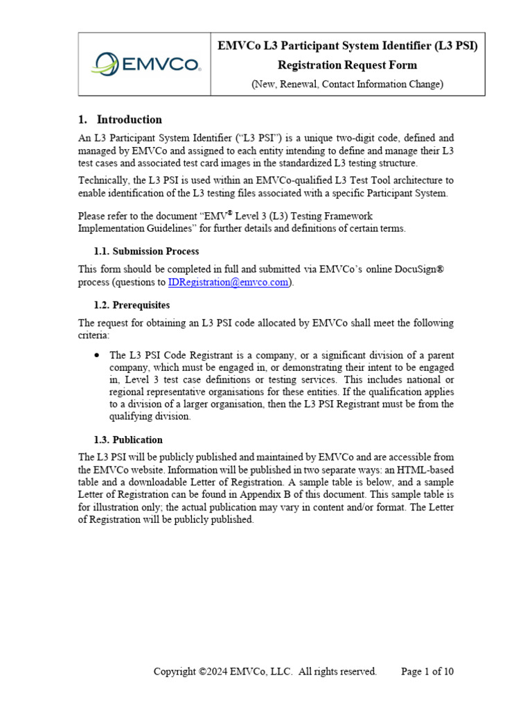 L3 Participant System Identifier Registration Form v2.0 | PDF | Emv | Computing