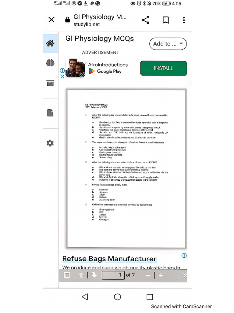 GI Physiology MCQs | PDF