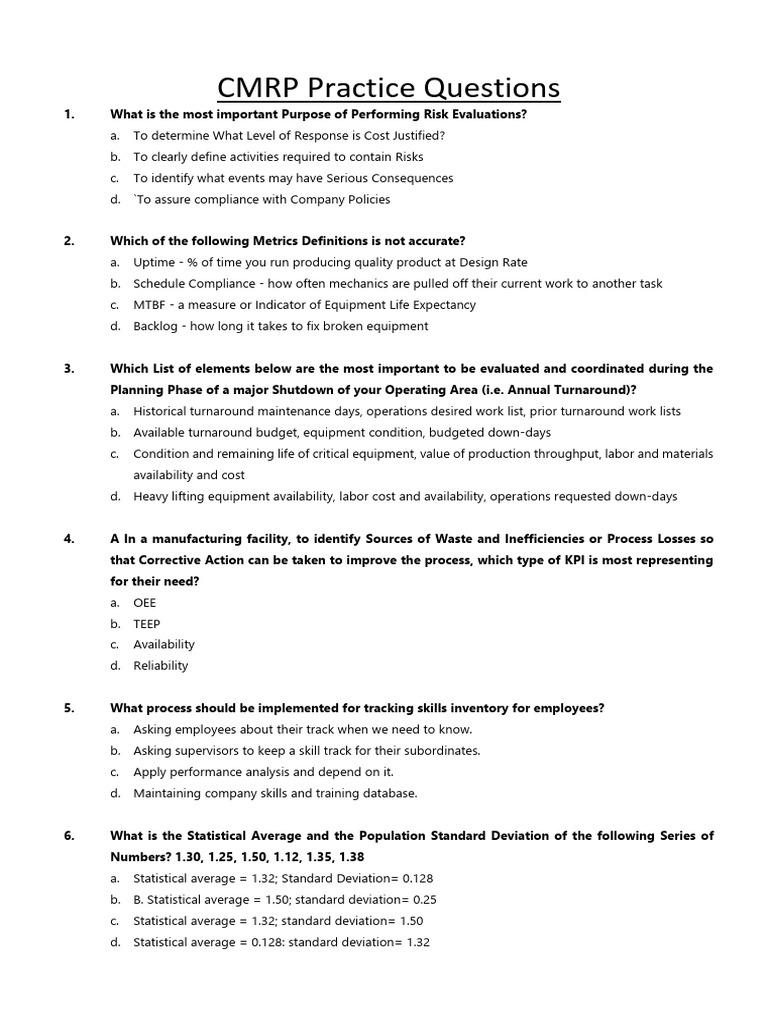 CMRP Practise Questions | PDF | Reliability Engineering | Performance ...