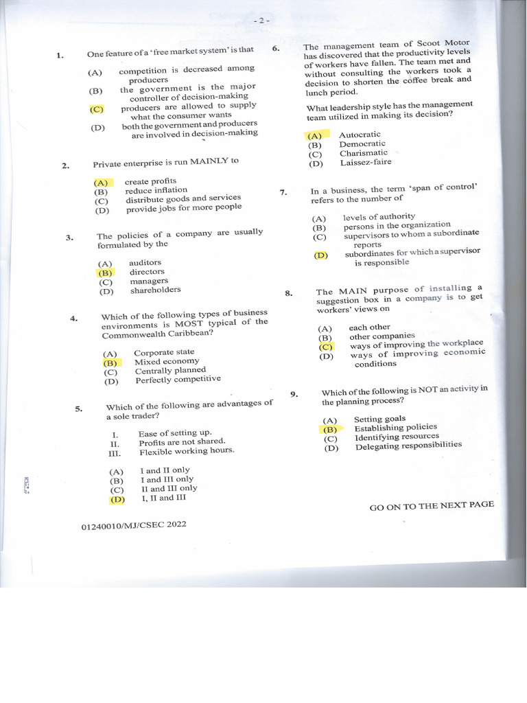 Pob 2022 Paper 1 With Highlighted Answers | PDF