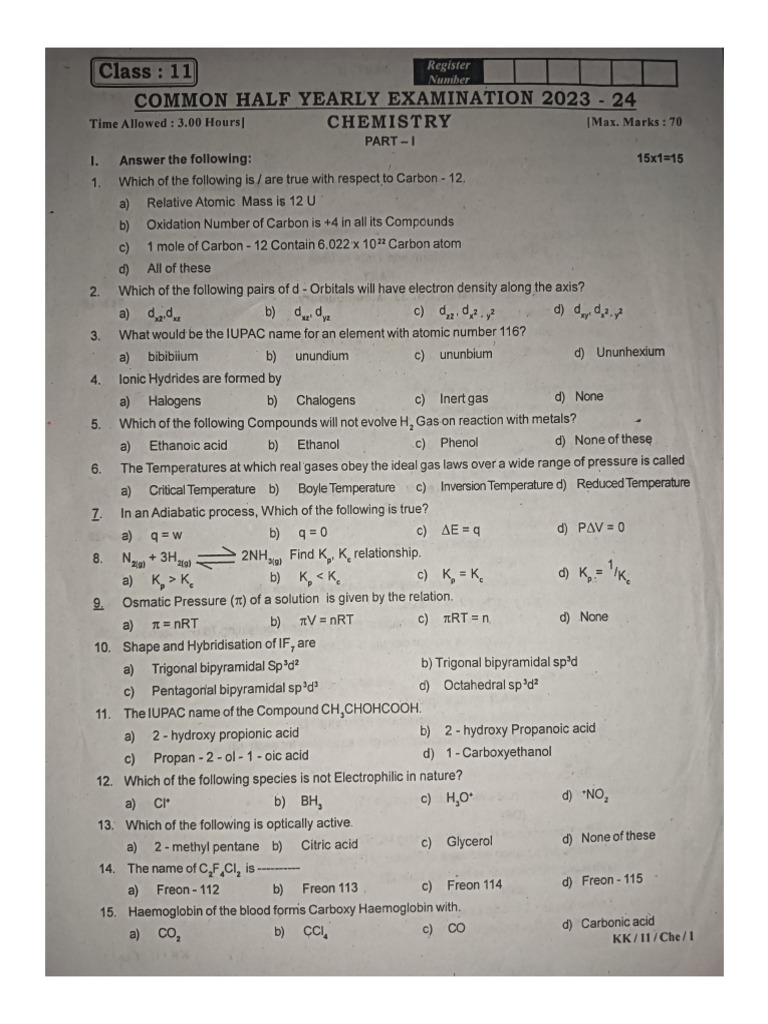 11th Chemistry Common Half Yearly Exam 2023 2024 Question Paper English ...