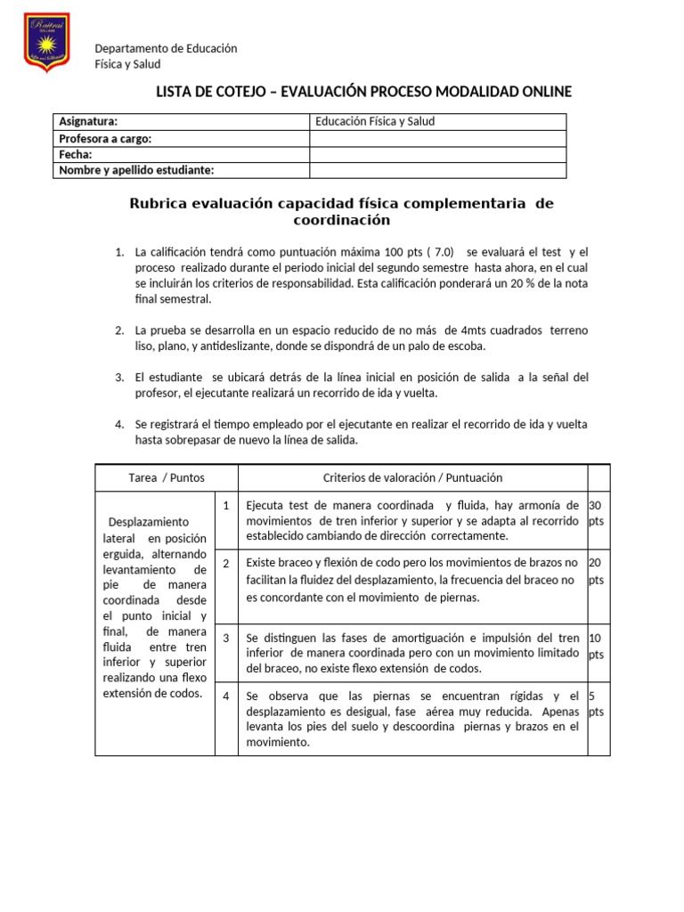 Lista de Cotejo - Capacidad Fisica Complementaria Coordinacion | PDF