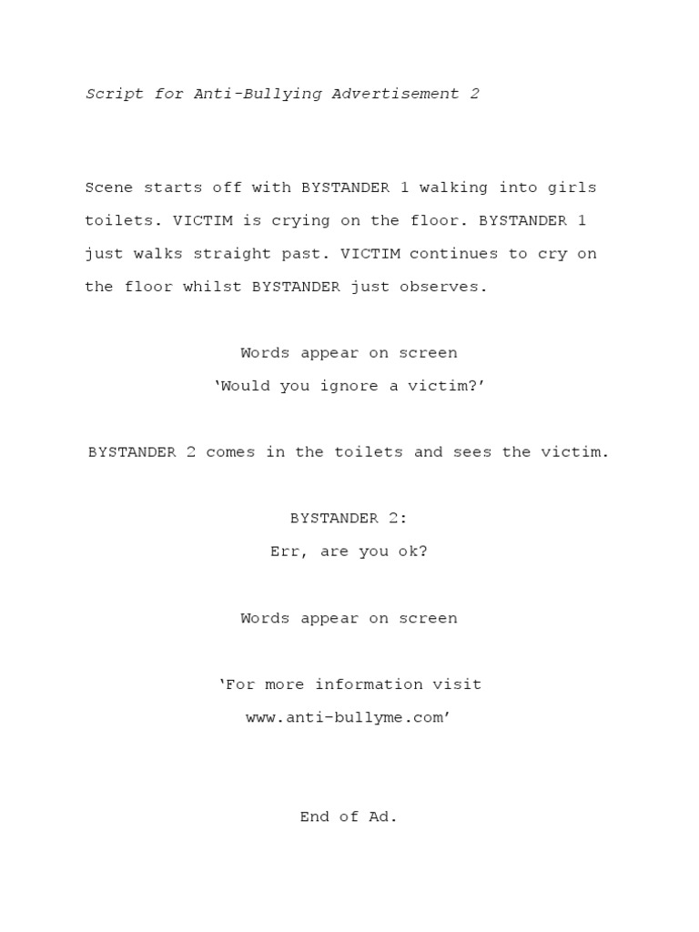 Script For Anti-Bullying Advertisement 2 | PDF