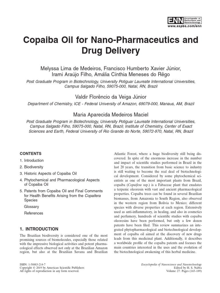 Copaiba Oil For Nano-Pharmaceutics and Drug Delivery CAPITULO de LIVRO | PDF