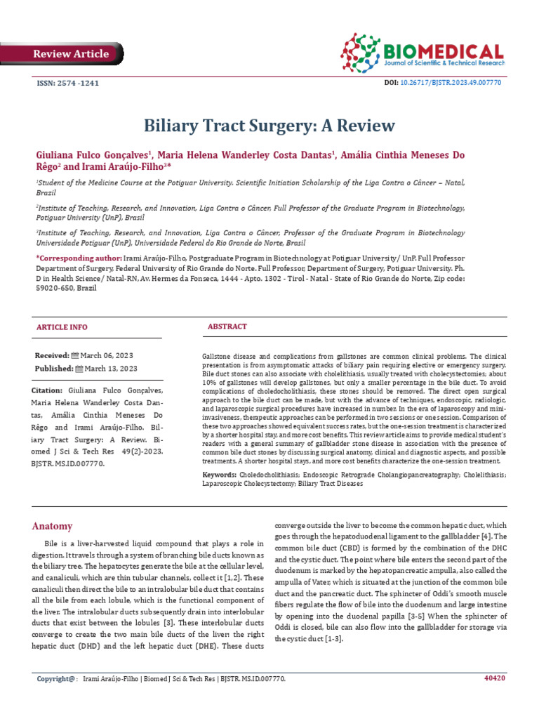 Biliary Tract Surgery A Review | PDF | Liver | Gallbladder