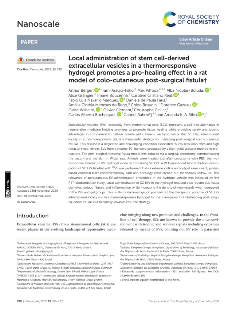 Local Administration of Stem Cell-Derived Extracellular Vesicles in a Thermoresponsive Hydrogel ...