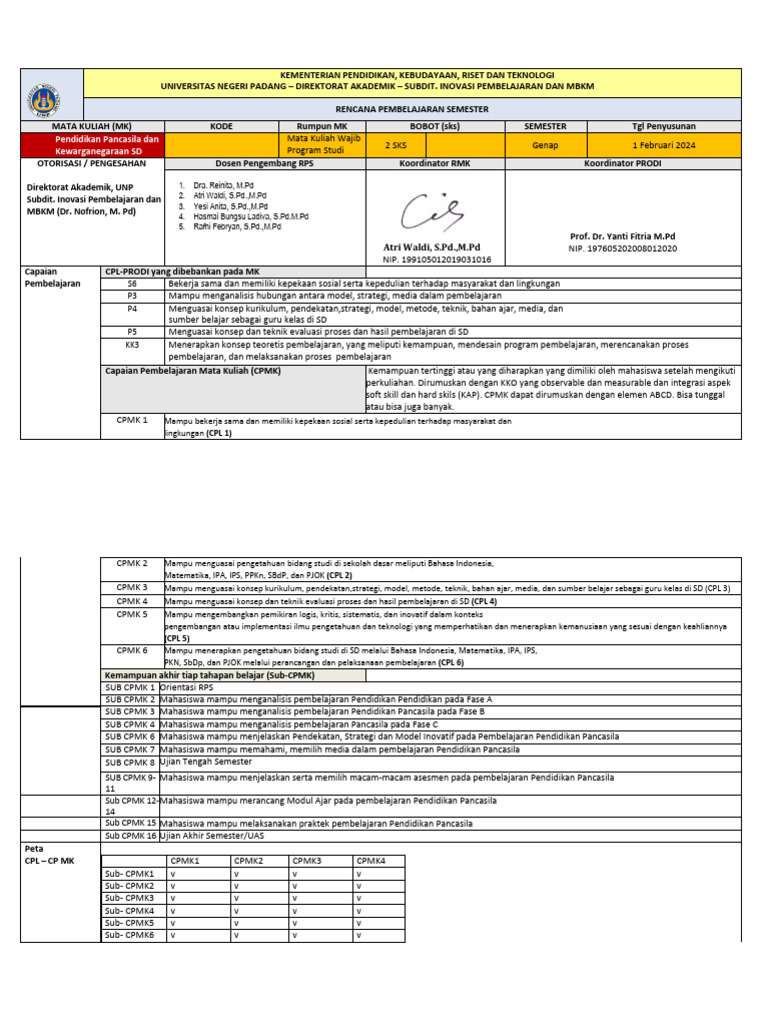 RPS Pendidikan Pancasila Dan Kewarganegaraan SD | PDF
