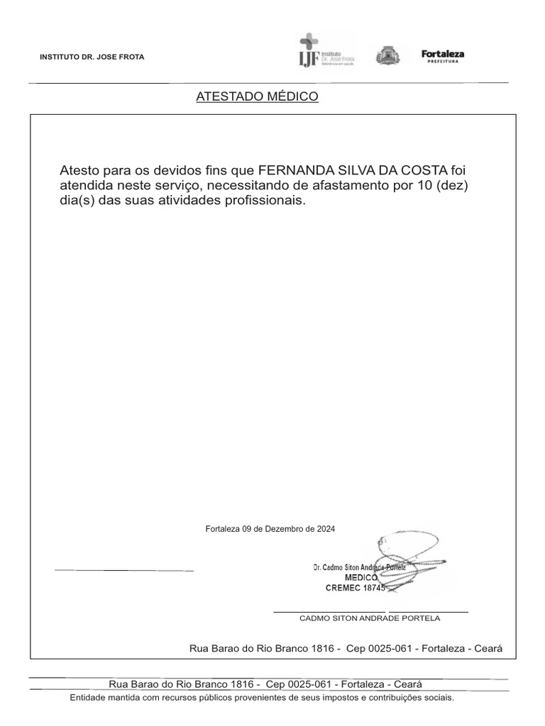 Atestado Médico - Fernanda Silva da Costa | PDF