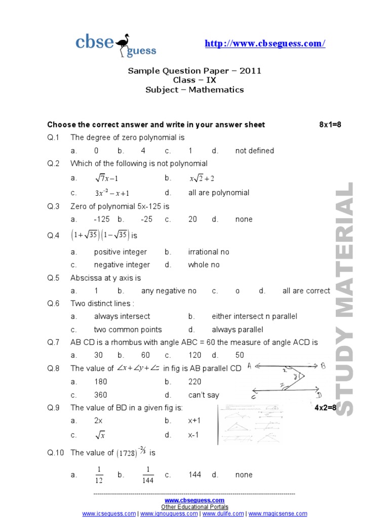 Sample Question Paper - 2011 Class - IX Subject - Mathematics | PDF | Triangle | Polynomial