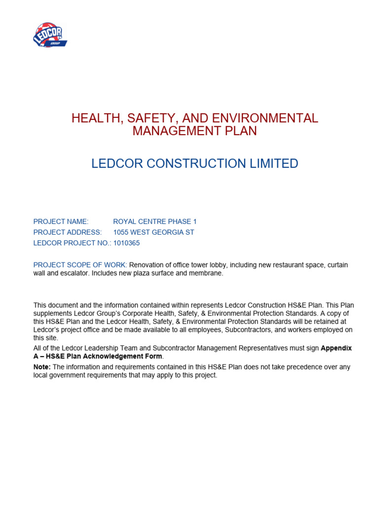 HS E Management Plan 1010365 Royal Centre Phase 1 Signed | PDF | Occupational Safety And Health ...