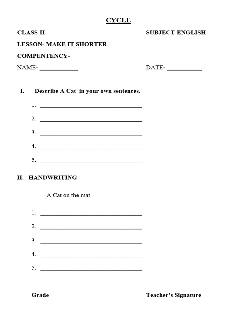 CBSE Class 2 English Practice Worksheets (41) - Make It Shorter | PDF