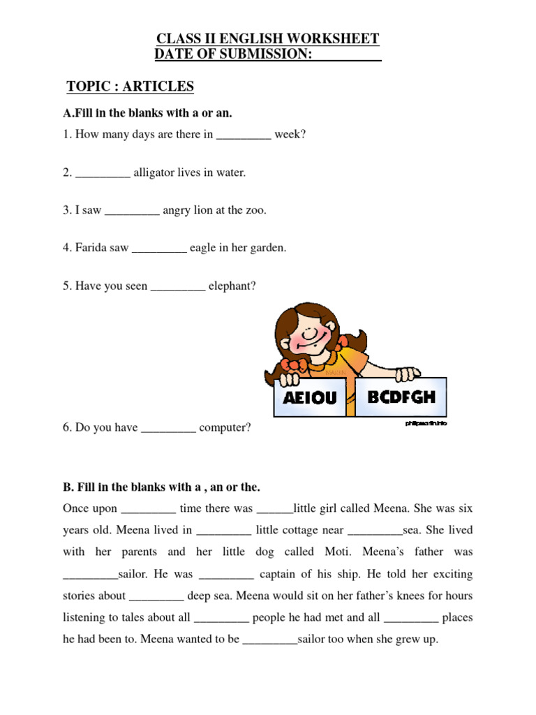 CBSE Class 2 English Practice Worksheets (56) - Articles | PDF