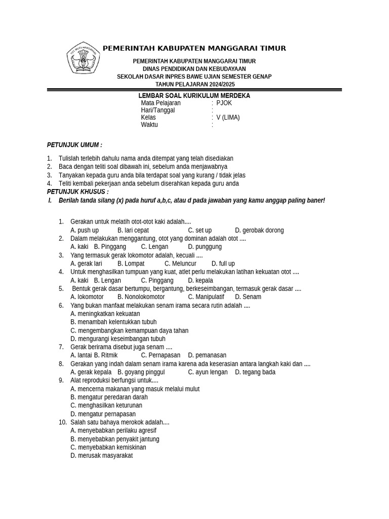 Soal Ujian Pjok KLS 5 2025 | PDF