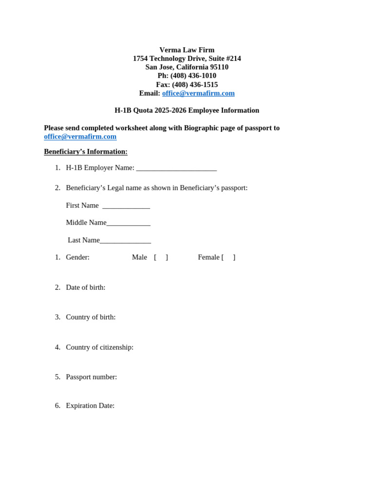 H-1B Employee Worksheet - 2025-26 H-1B Quota | PDF