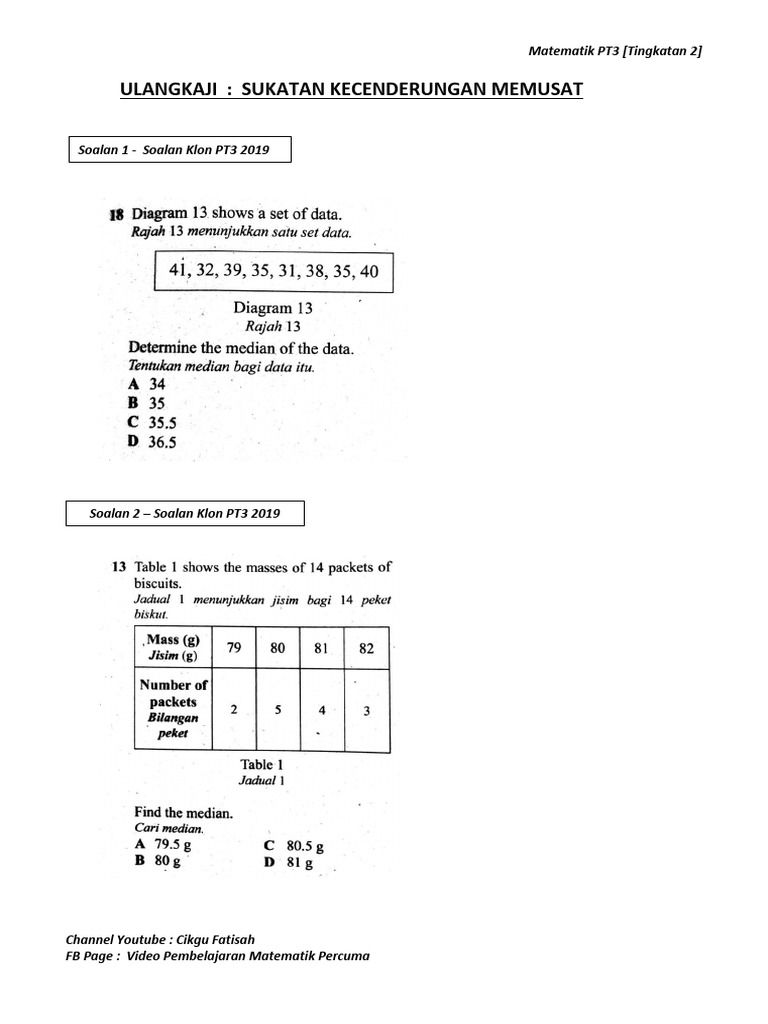 Latihan Sukatan Kecenderungan Memusat T2 Youtube | PDF