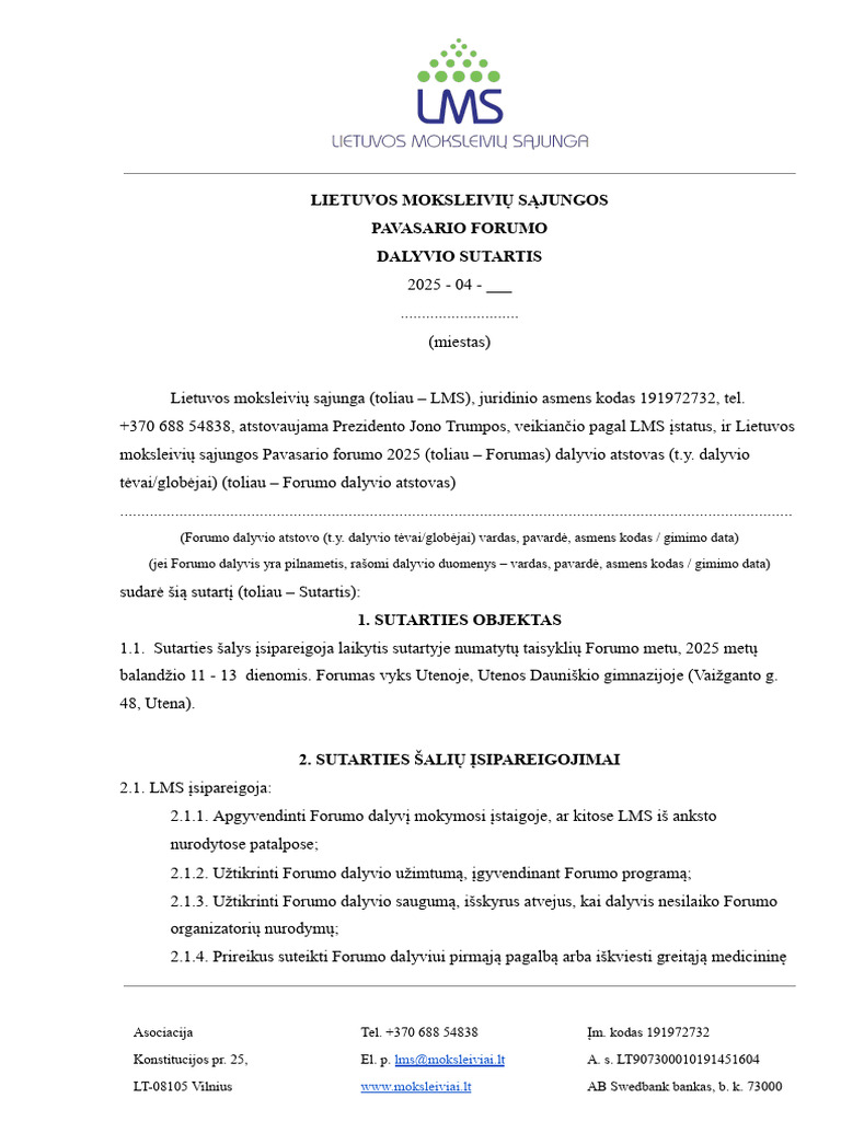 LMS Pavasario Forumo Dalyvio Sutartys Ir Tėvų Sutikimai Fiziniam ...