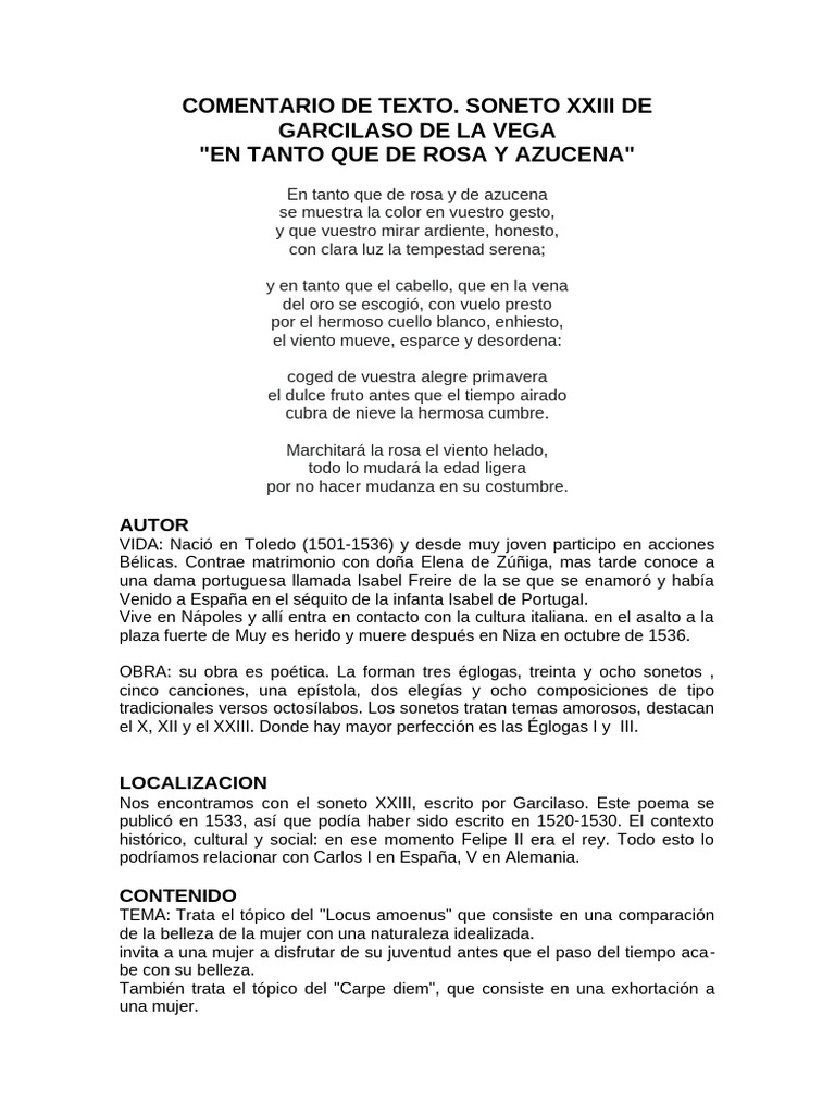 Análisis del Soneto XXIII de Garcilaso | PDF