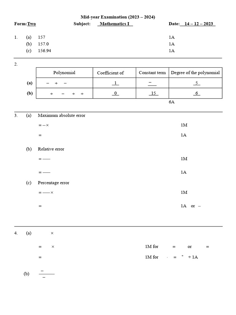 2023-24 F2 MAT Mid-Year Exam Paper I Sol_eng | PDF | Mathematical ...