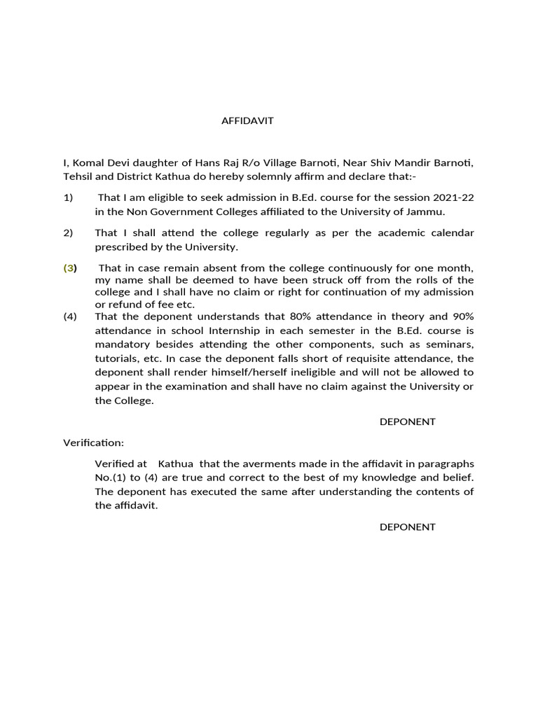 Affidavit B.ed Admission | PDF