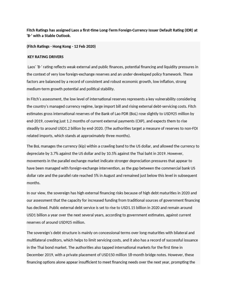 Fitch Ratings Has Assigned Laos A First Time Rating | PDF | Debt ...