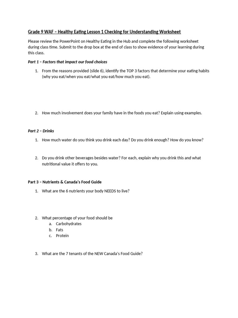 Healthy Eating Lesson 1 Checking For Understanding Worksheet | PDF
