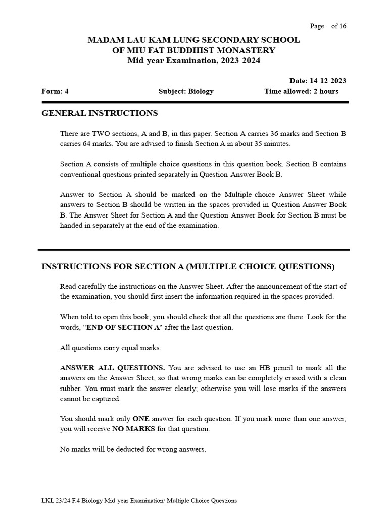 2324 Form 4 BIO Mid-Year - MCQ | PDF | Cell (Biology) | Catalase