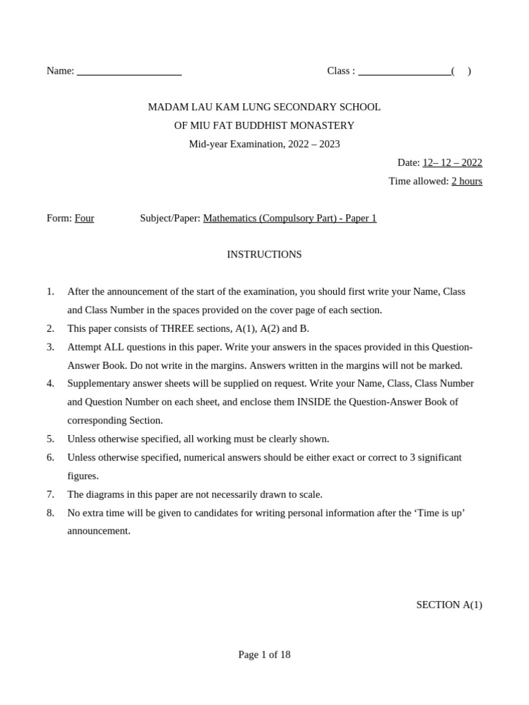 2022-23 F4 MAT Mid-Year Exam Paper 1 (Question) | PDF | Prices | Area