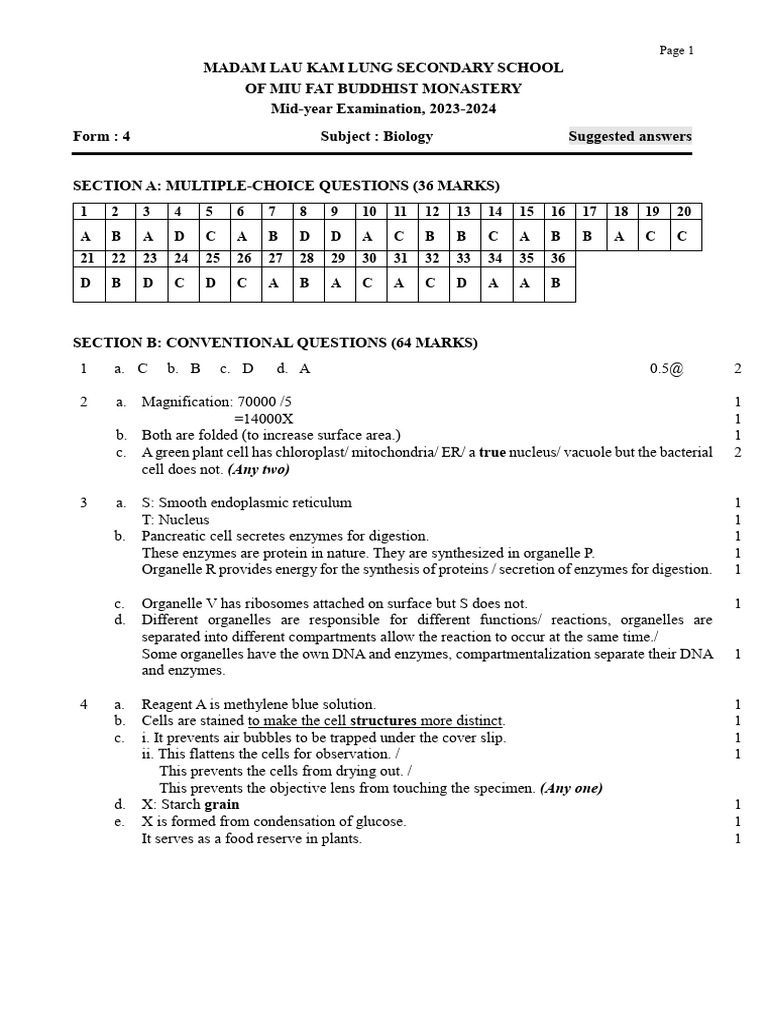 2324 Form 4 BIO Mid-Year - Answer | PDF | Endoplasmic Reticulum | Cell ...