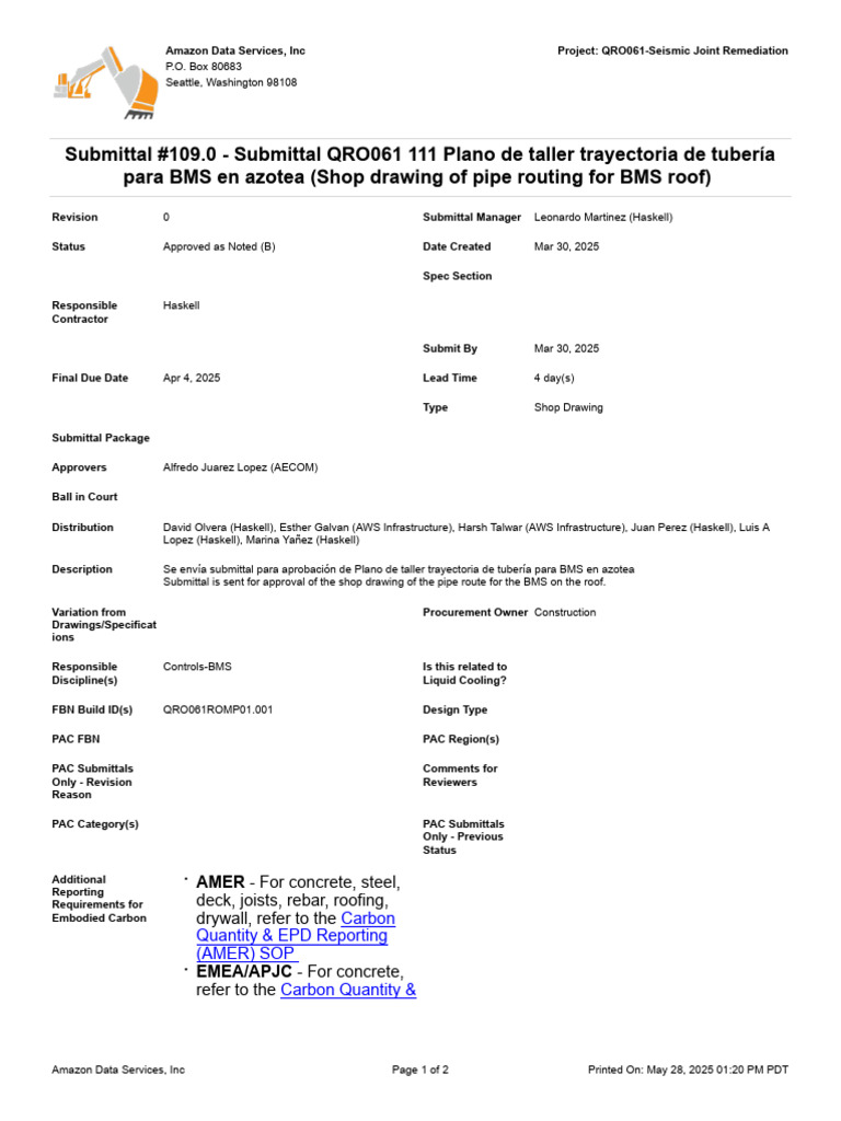 109 AWS 111 HSK QRO061 Shop Drawing of Pipe Routing for BMS Roof ...