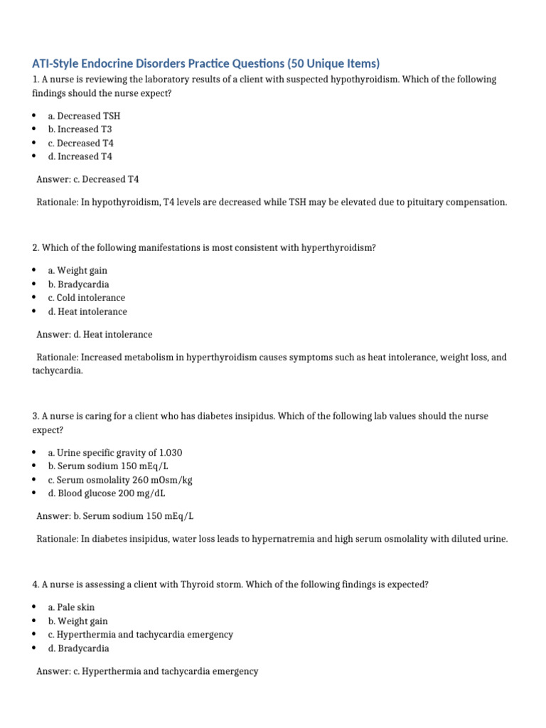 ATI Endocrine 50 Unique Questions | PDF | Hyperthyroidism | Hypothyroidism