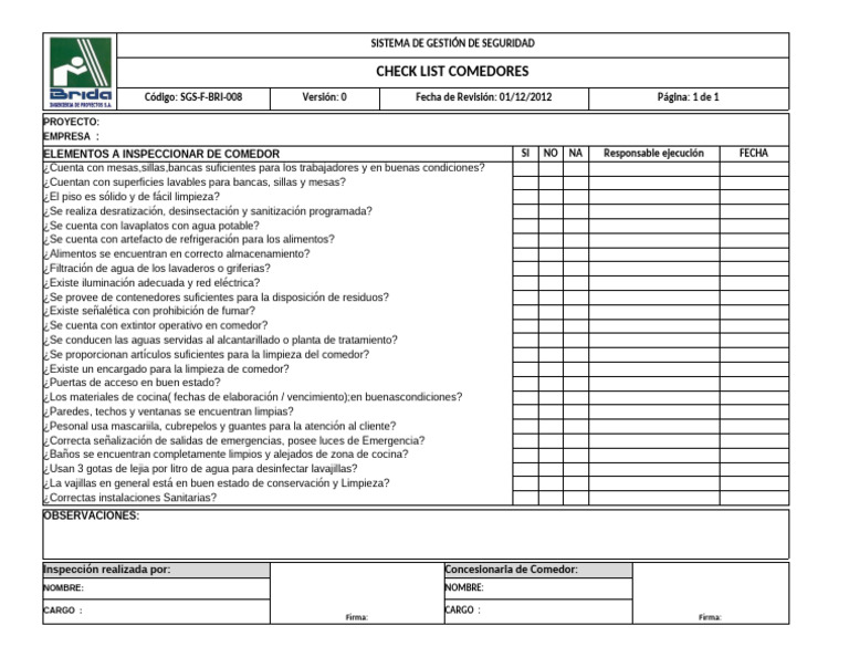 Formato de Check List Comedor | PDF
