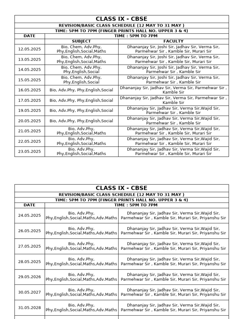Vacation Class Schedule 9th Cbse 2025 | PDF