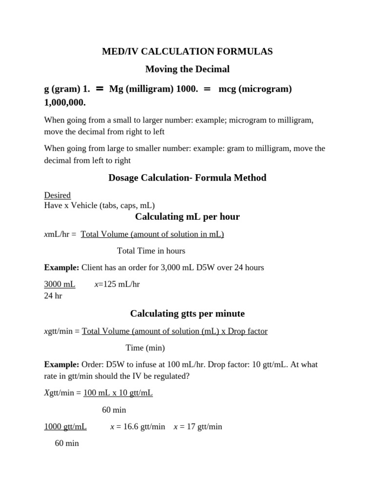MED IV Calculation Formulas | PDF