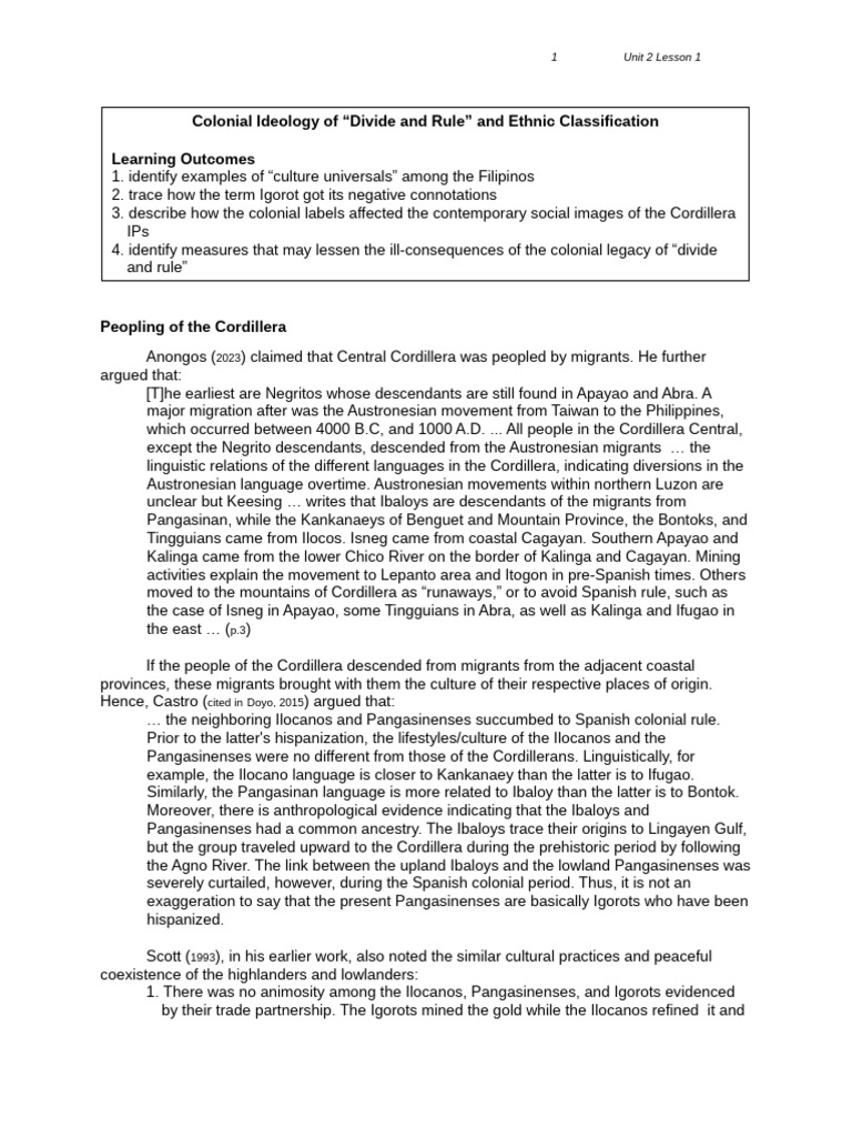 Unit 2 Lesson 1 - Colonial Ideology of Divide and Rule and Ethnic ...
