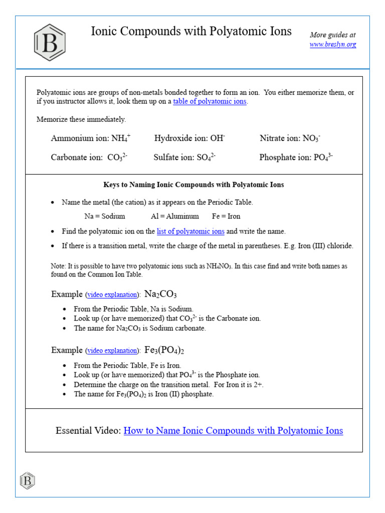 Naming and Formula Writing Polyatomic | PDF | Ion | Chemical Compounds
