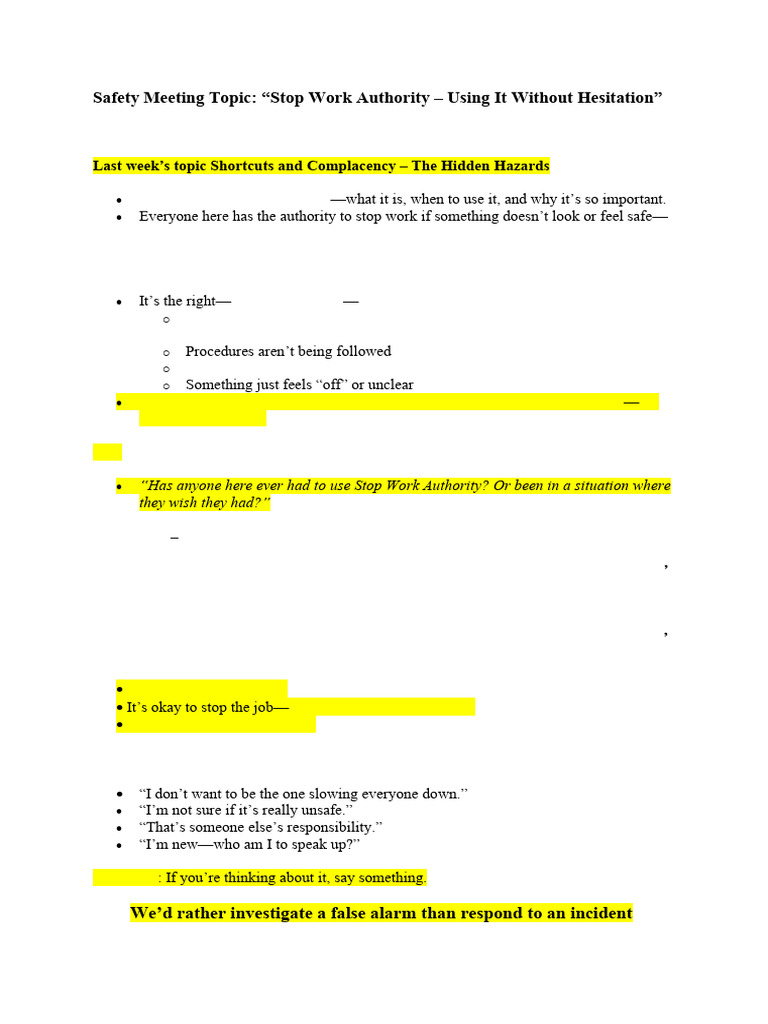 Stop Work Authority: Safety First | PDF | Safety