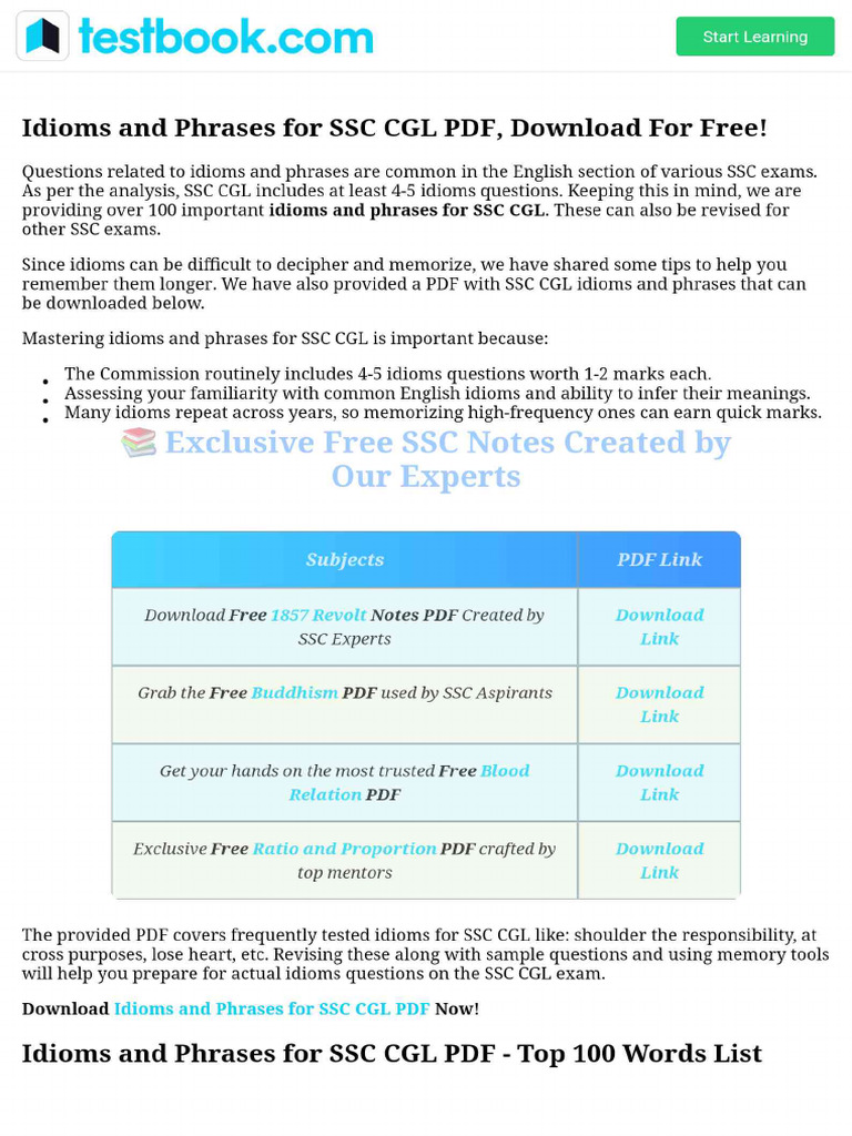 Idioms and Phrases For SSC CGL PDF, Download For Free! | PDF