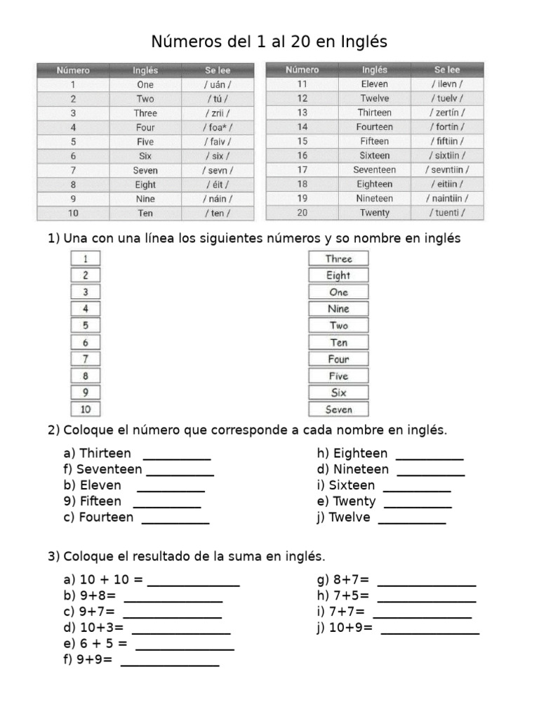Ejercicios de Números 1-20 en Inglés | PDF