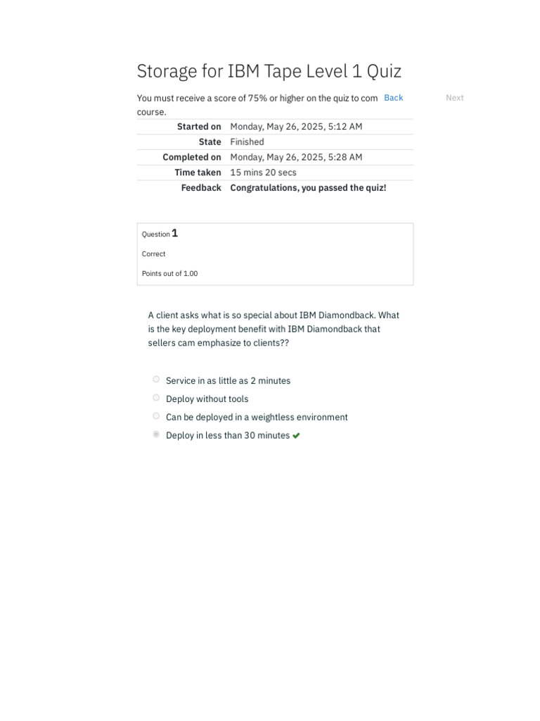 Storage For IBM Tape Level 1 Quiz - Attempt Review | PDF | Data ...