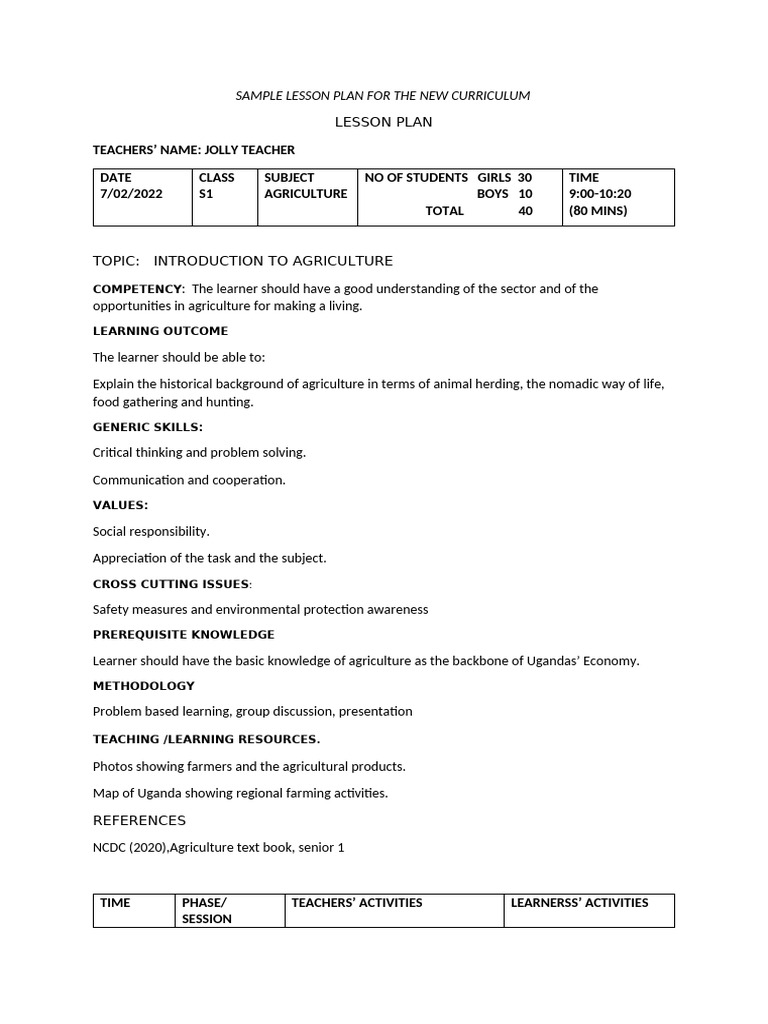 Agriculture Lesson Plan for Uganda | PDF | Learning | Lesson Plan