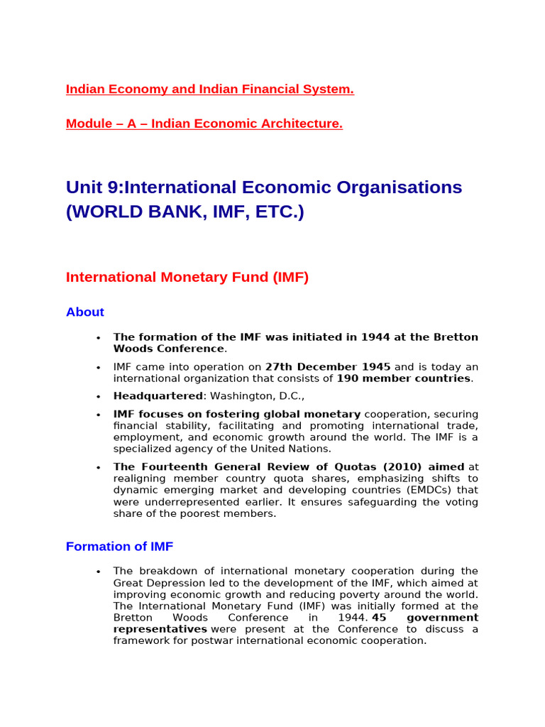 Unit 9international Economic Organisations (WORLD BANK, IMF, ETC ...