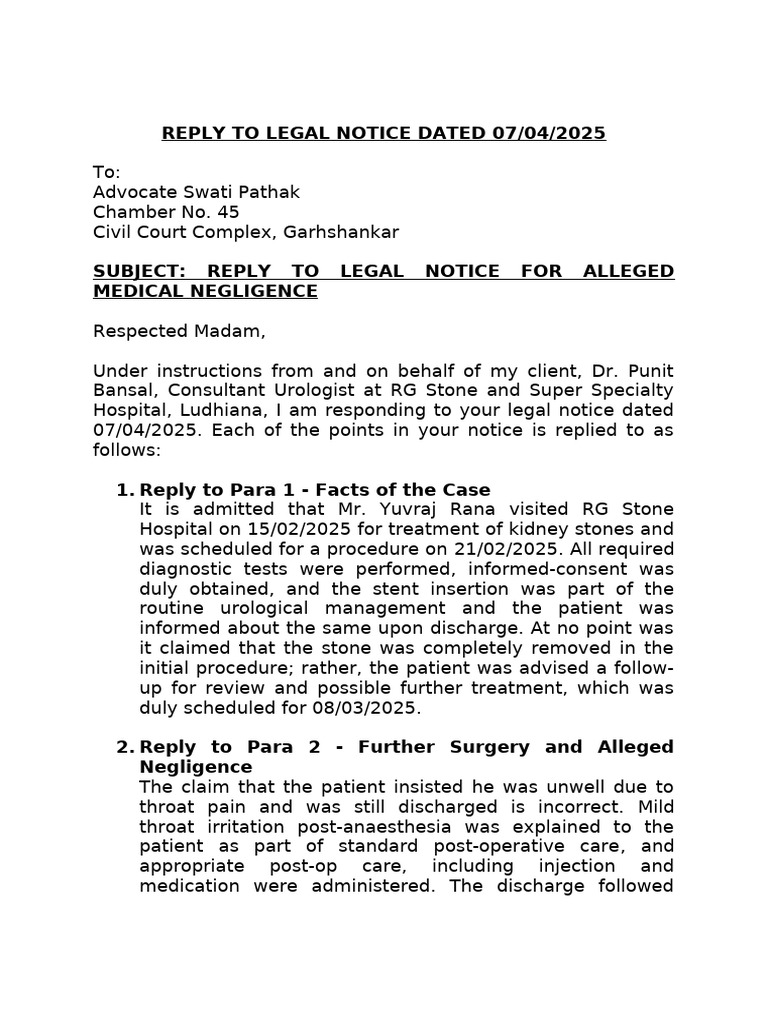 Response to Medical Negligence Notice | PDF | Urology | Medicine
